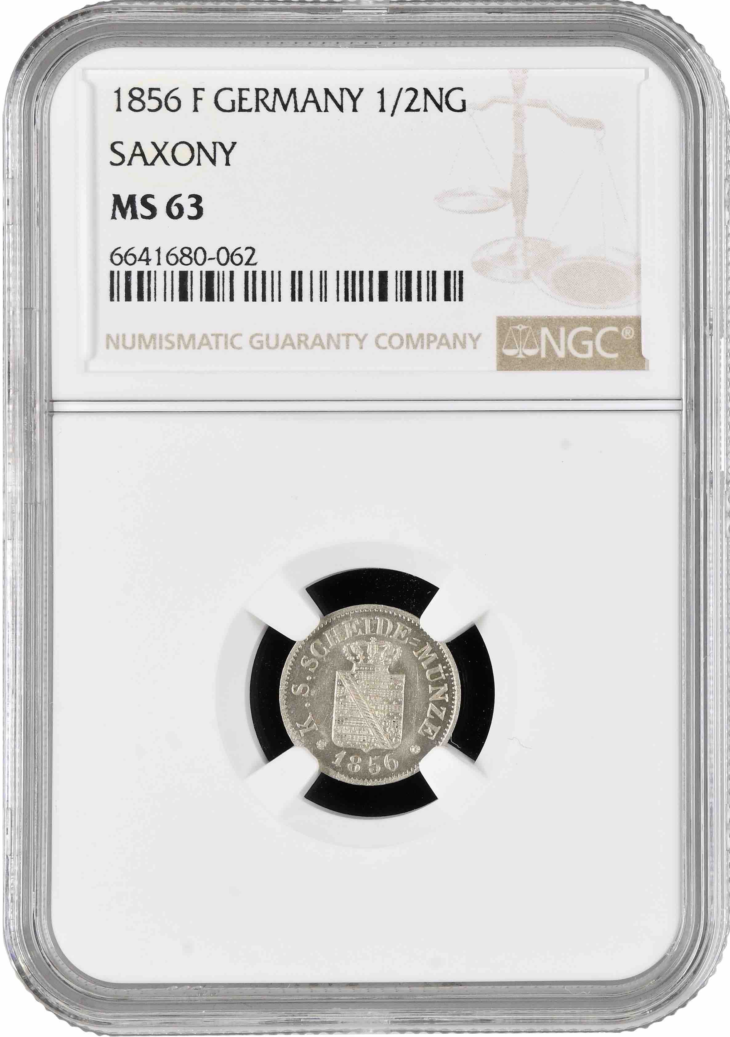 1/2 neugroschen Saxony 1856 F, NGC MS63, F. Augustus II (1836 - 1854) Pop 1/1 | MA-Shops
